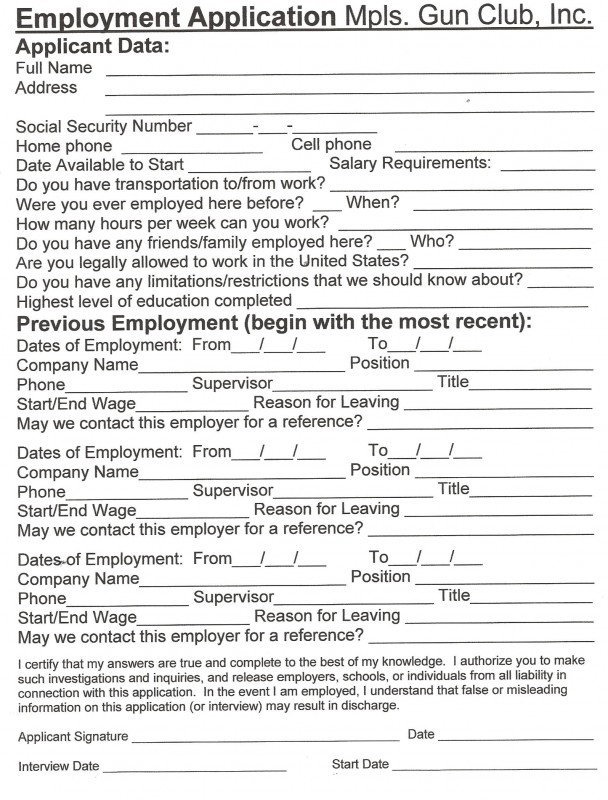 Application for Employment - Minneapolis Gun Club
